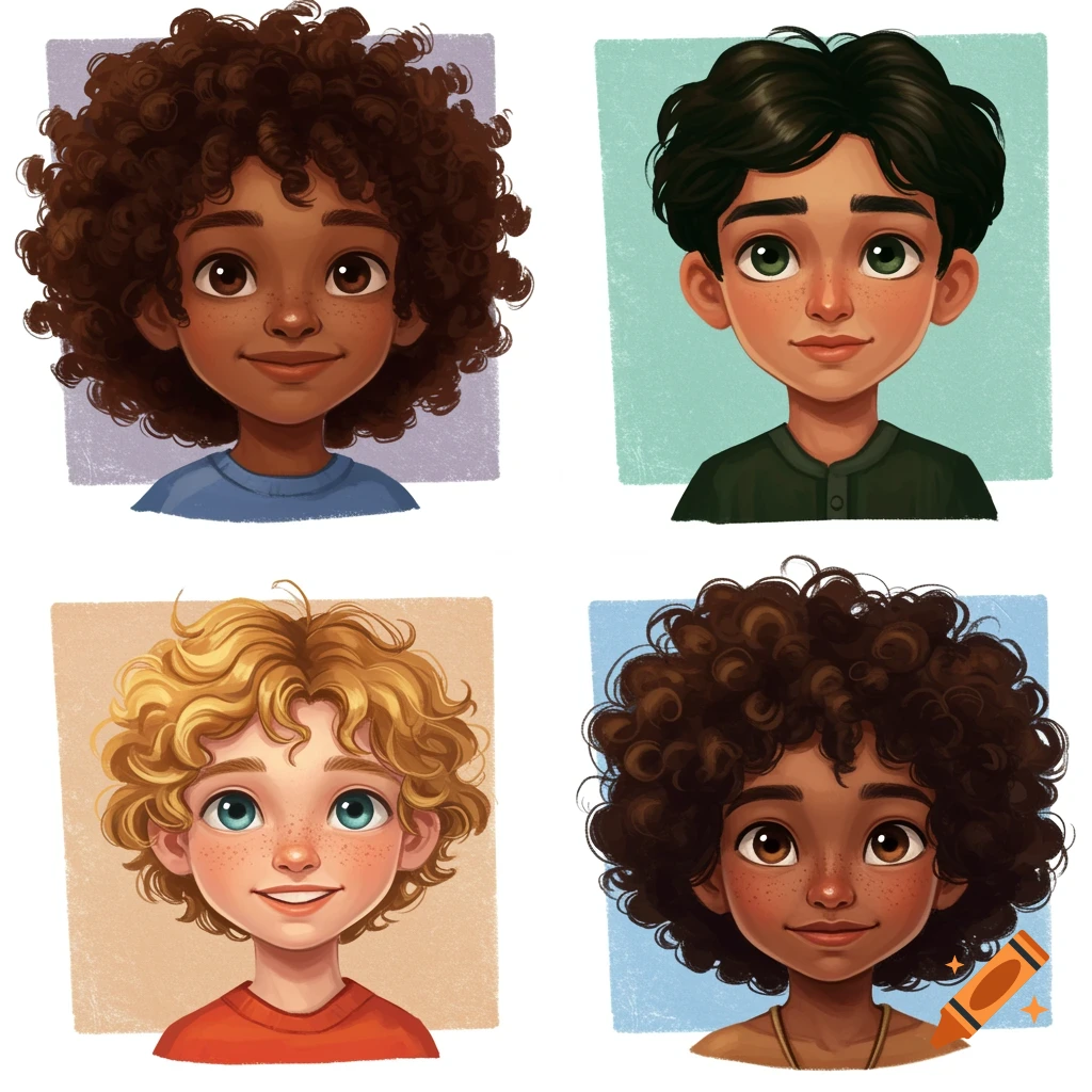 Illustration of four diverse children with curly hair portraits on Craiyon
