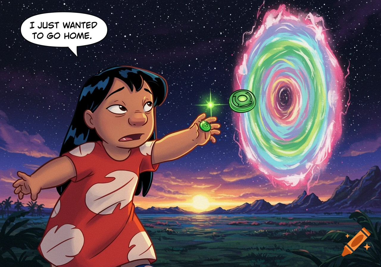 Lilo throws a glowing green ring into a colorful swirling portal under ...