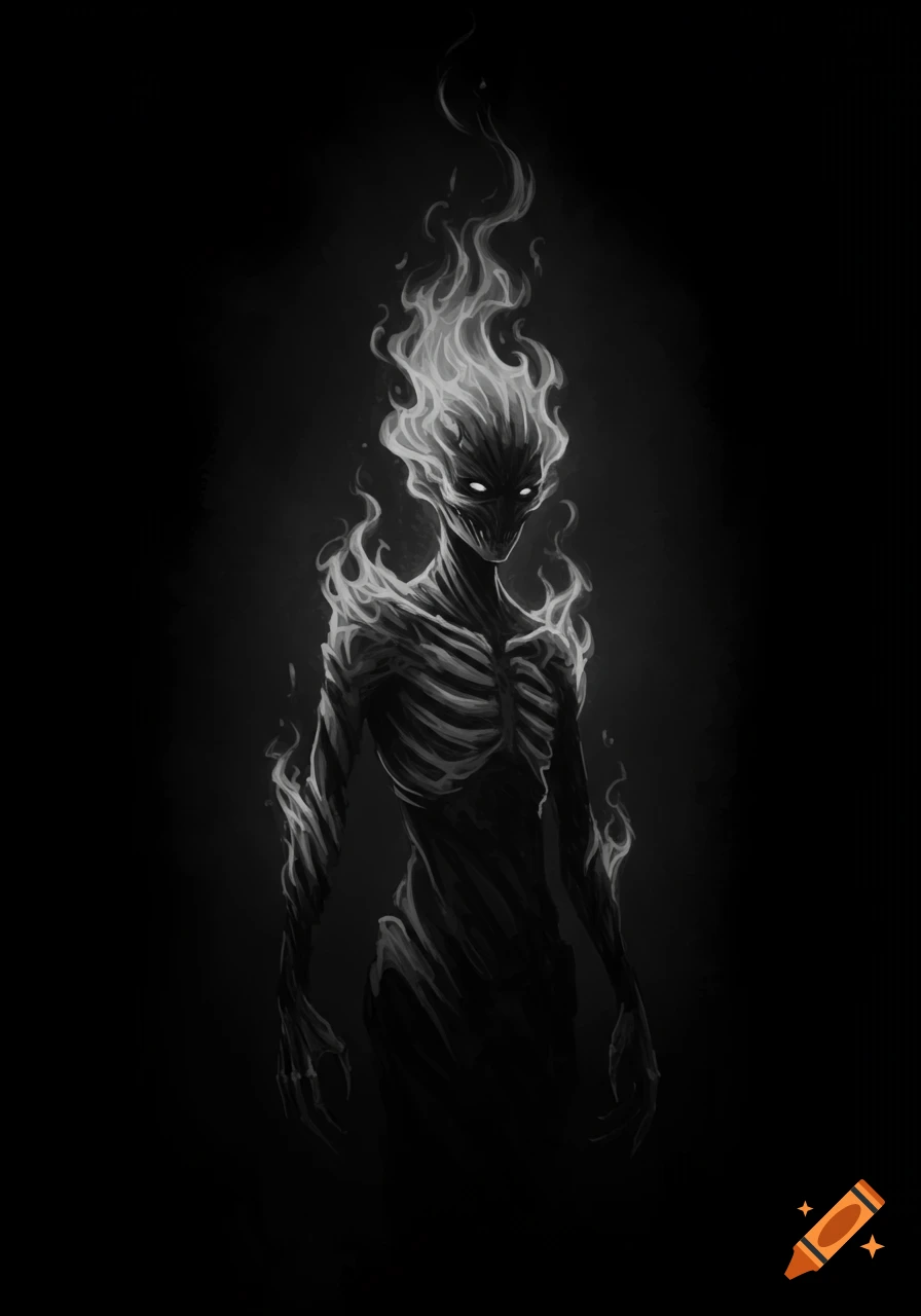 A humanoid figure made of grey flames stands in darkness. on Craiyon
