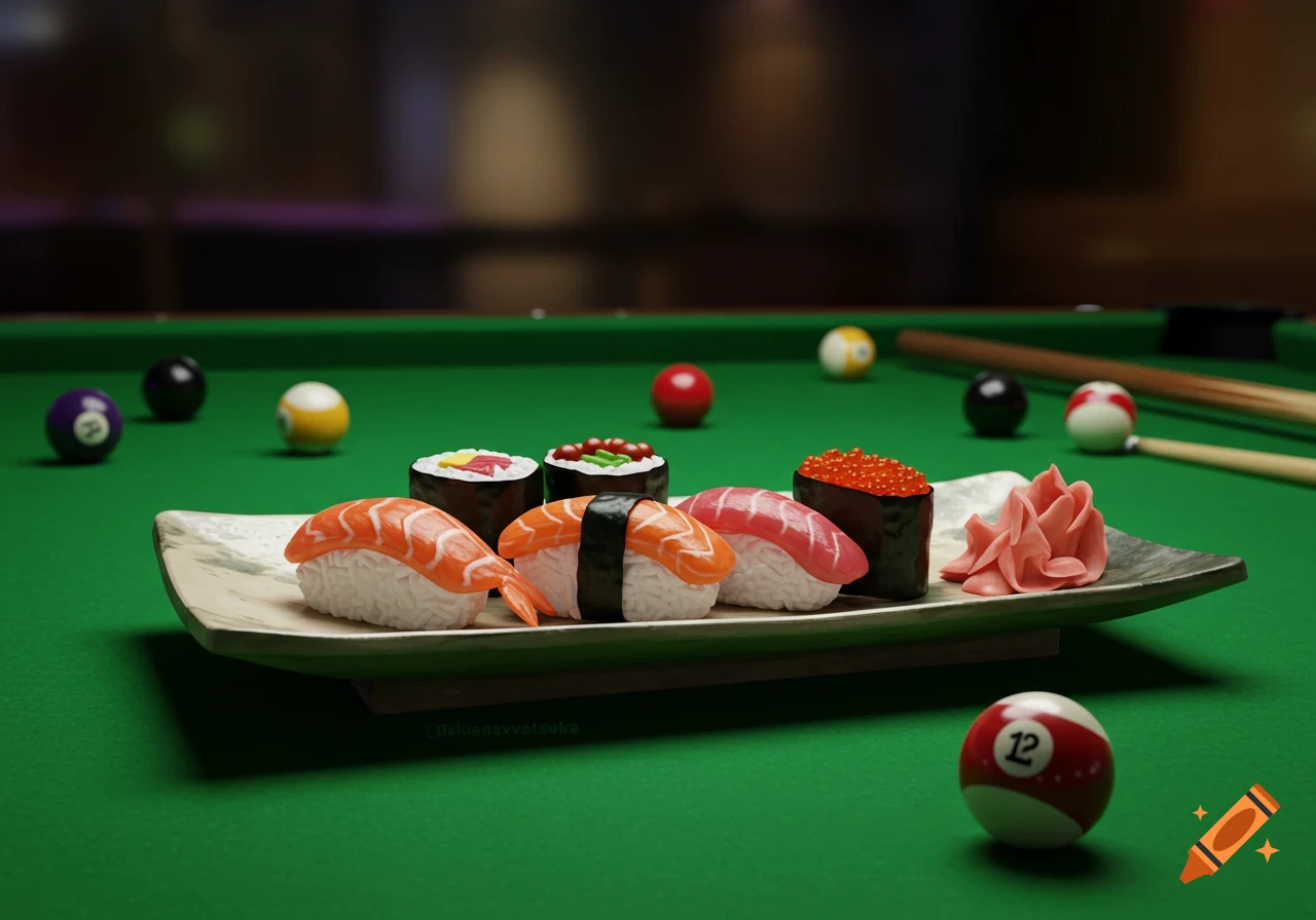 Sushi arranged on a green pool table with pool balls and cues. on Craiyon