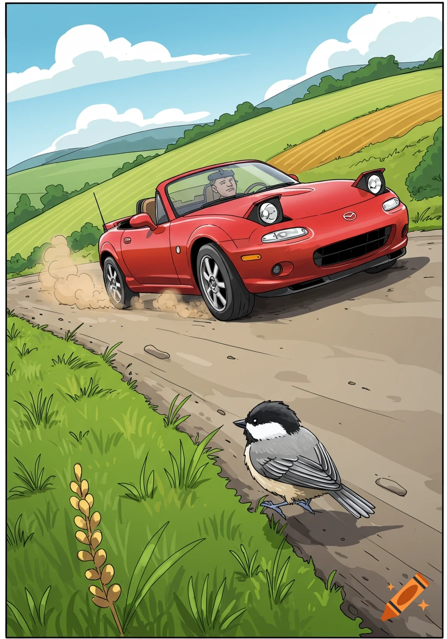 A red convertible car drives towards a chickadee on a dirt road in a ...