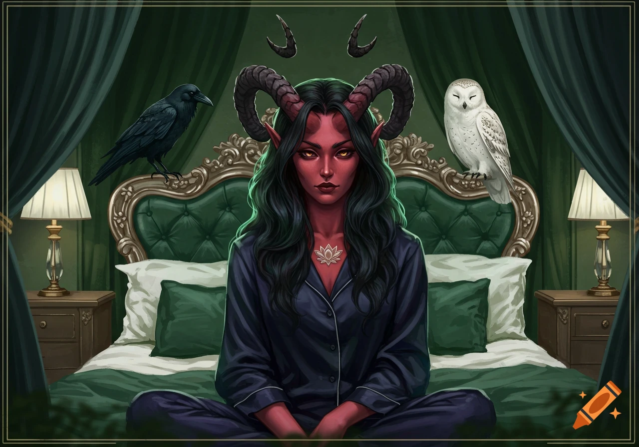 A female demon with horns, red skin, and black hair sits on a bed in ...