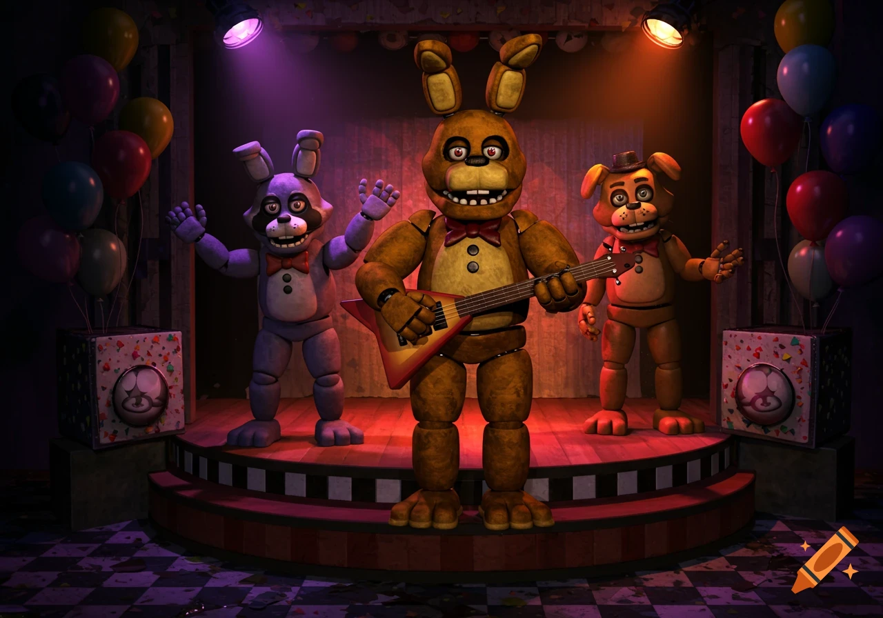 Three animatronics perform on a stage in a party room with balloons. on ...