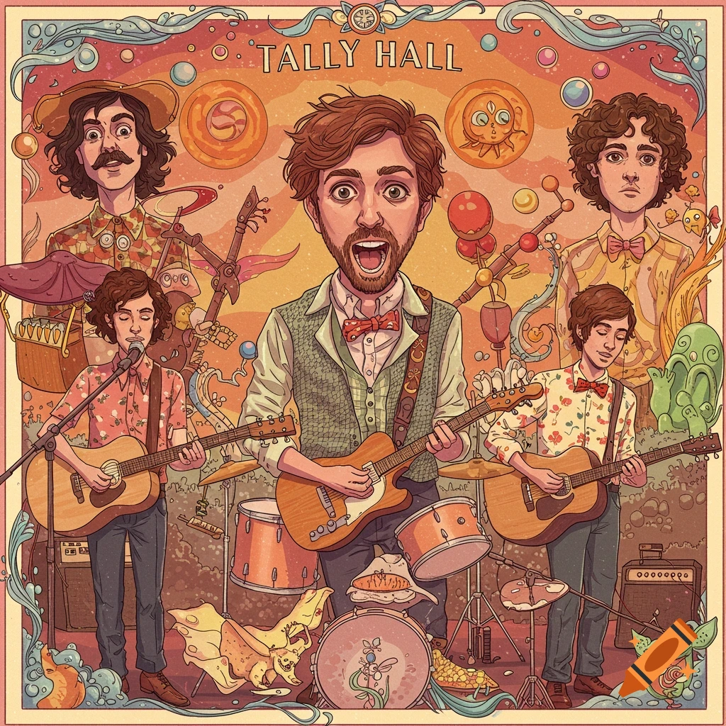 Illustration of the band Tally Hall playing instruments in a colorful ...
