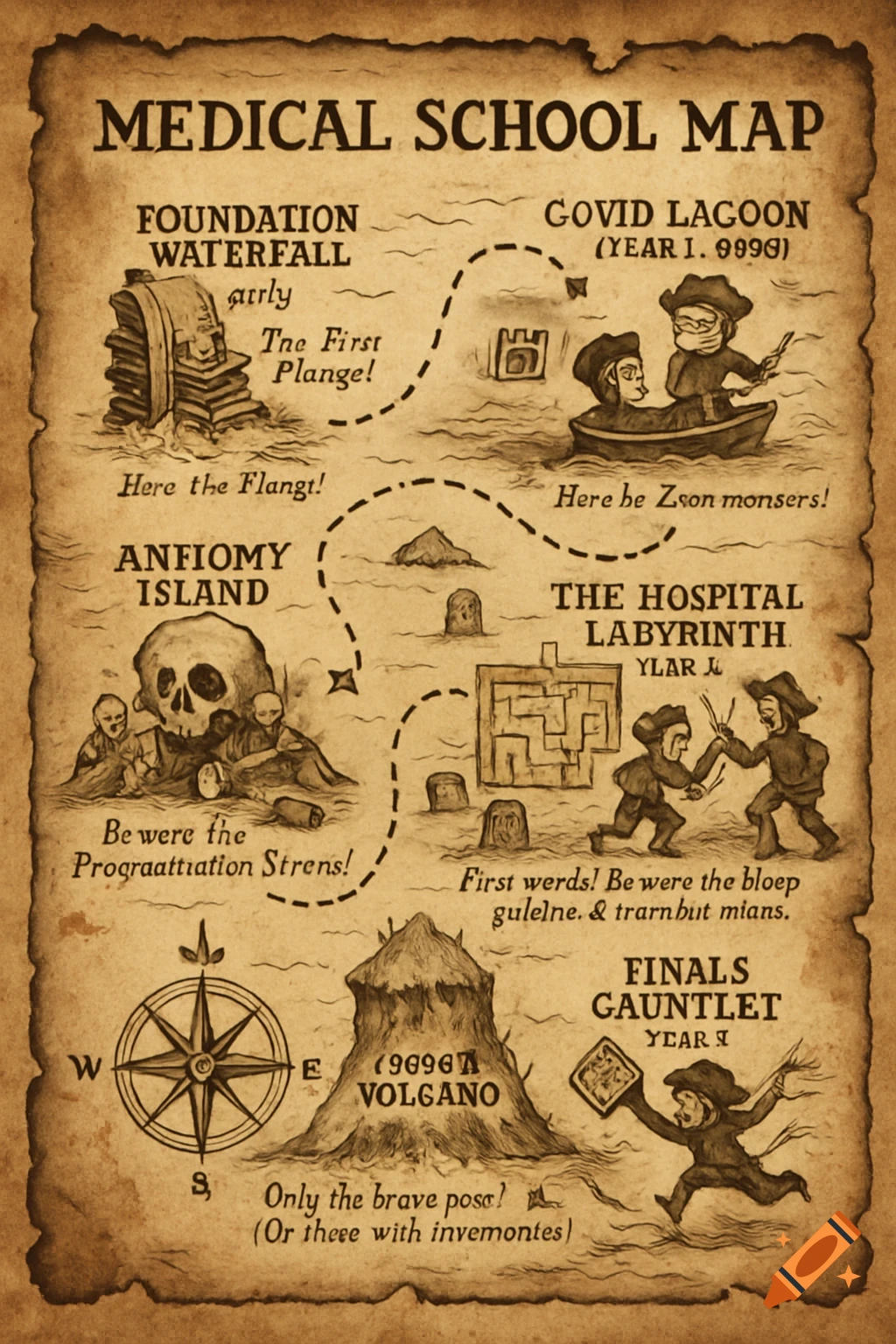 A vintage-style illustrated map depicting medical school as a fantasy ...