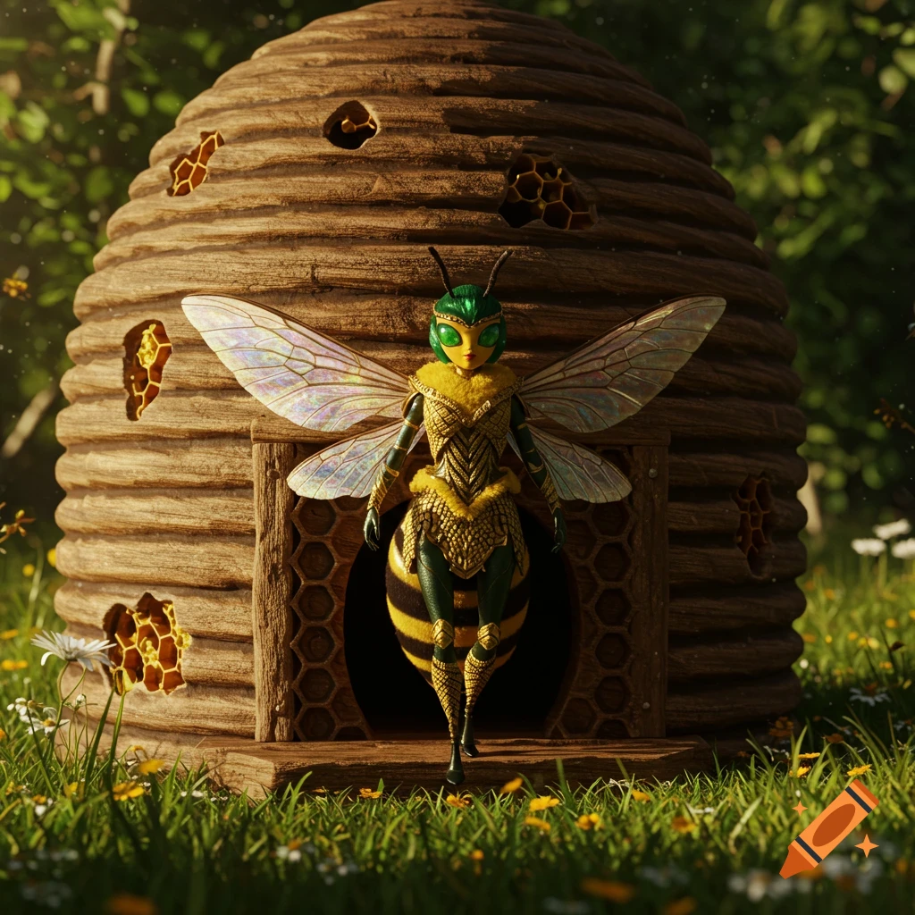 A stylized queen bee character stands in front of a large beehive in a ...