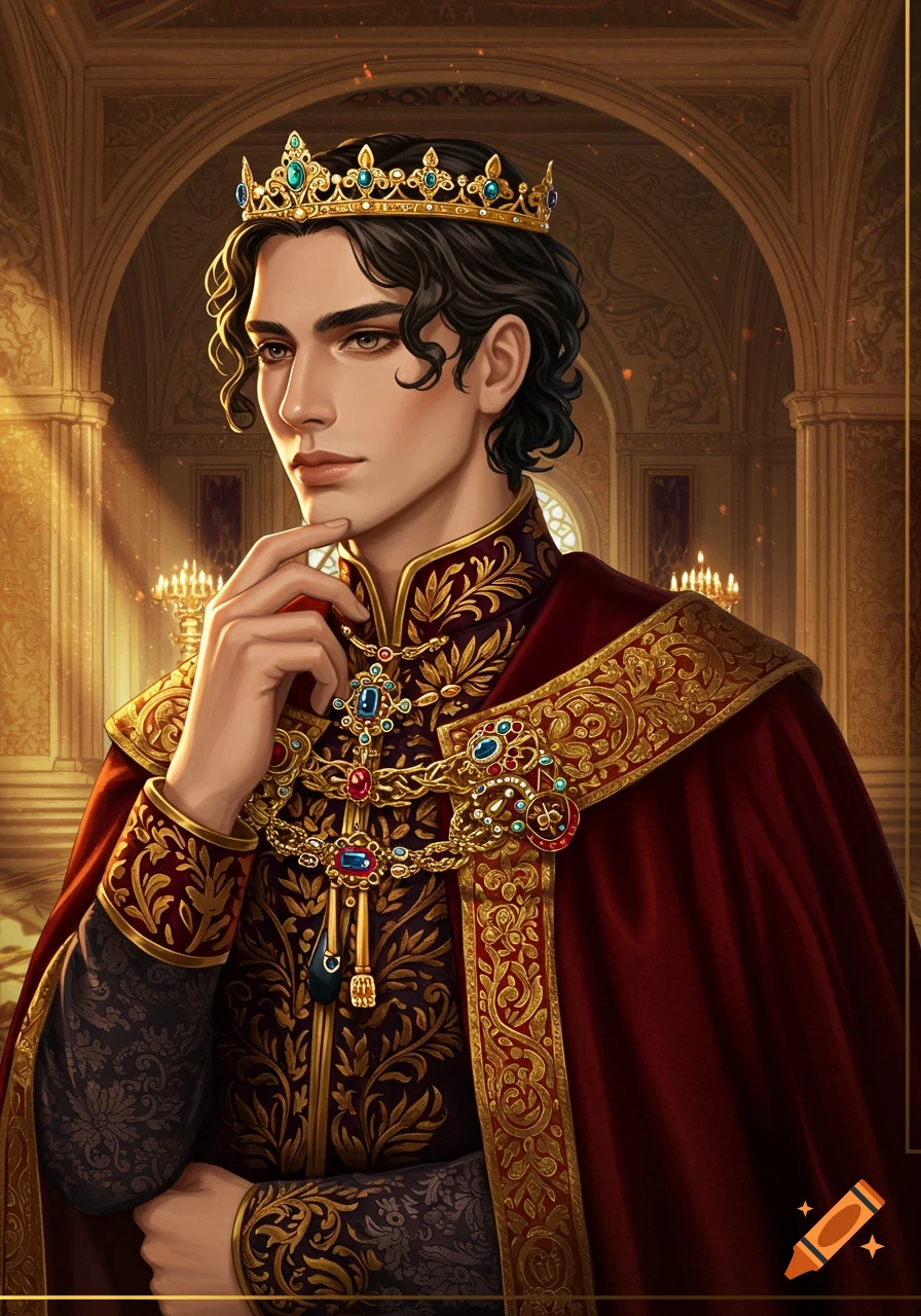 Portrait of a fantasy king in a crown and regal robes standing in a grand hall. on Craiyon