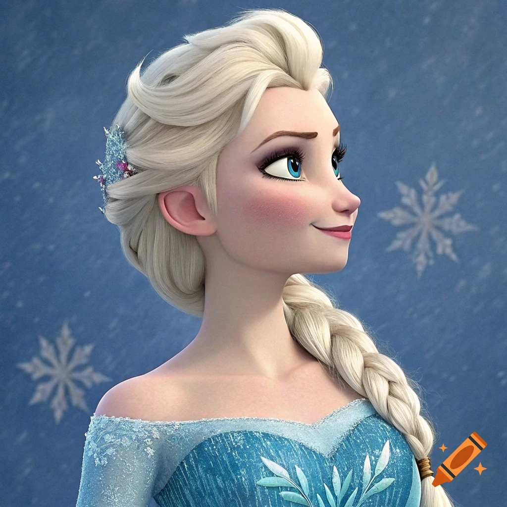 Elsa from Frozen smiling against a blue background with snowflakes. on ...