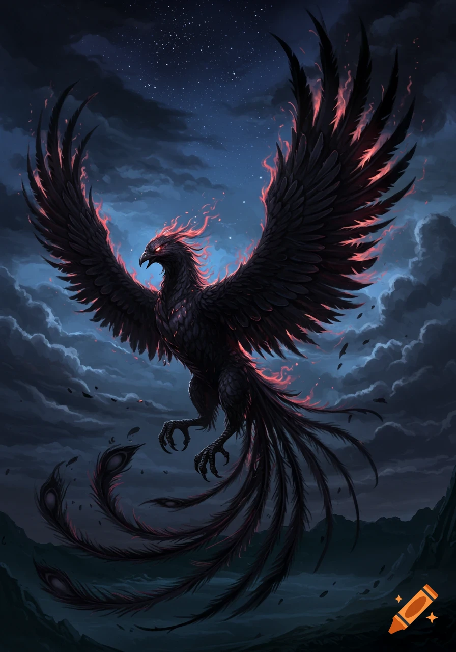 A dark fantasy illustration of a black phoenix with fiery accents ...