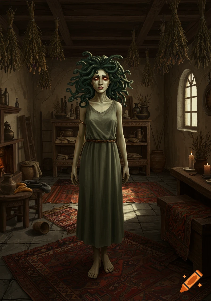 Digital painting of Medusa standing in a dusty chamber with dried herbs ...