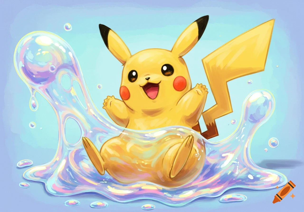 Cartoon Pikachu playing happily in colorful, iridescent slime and ...