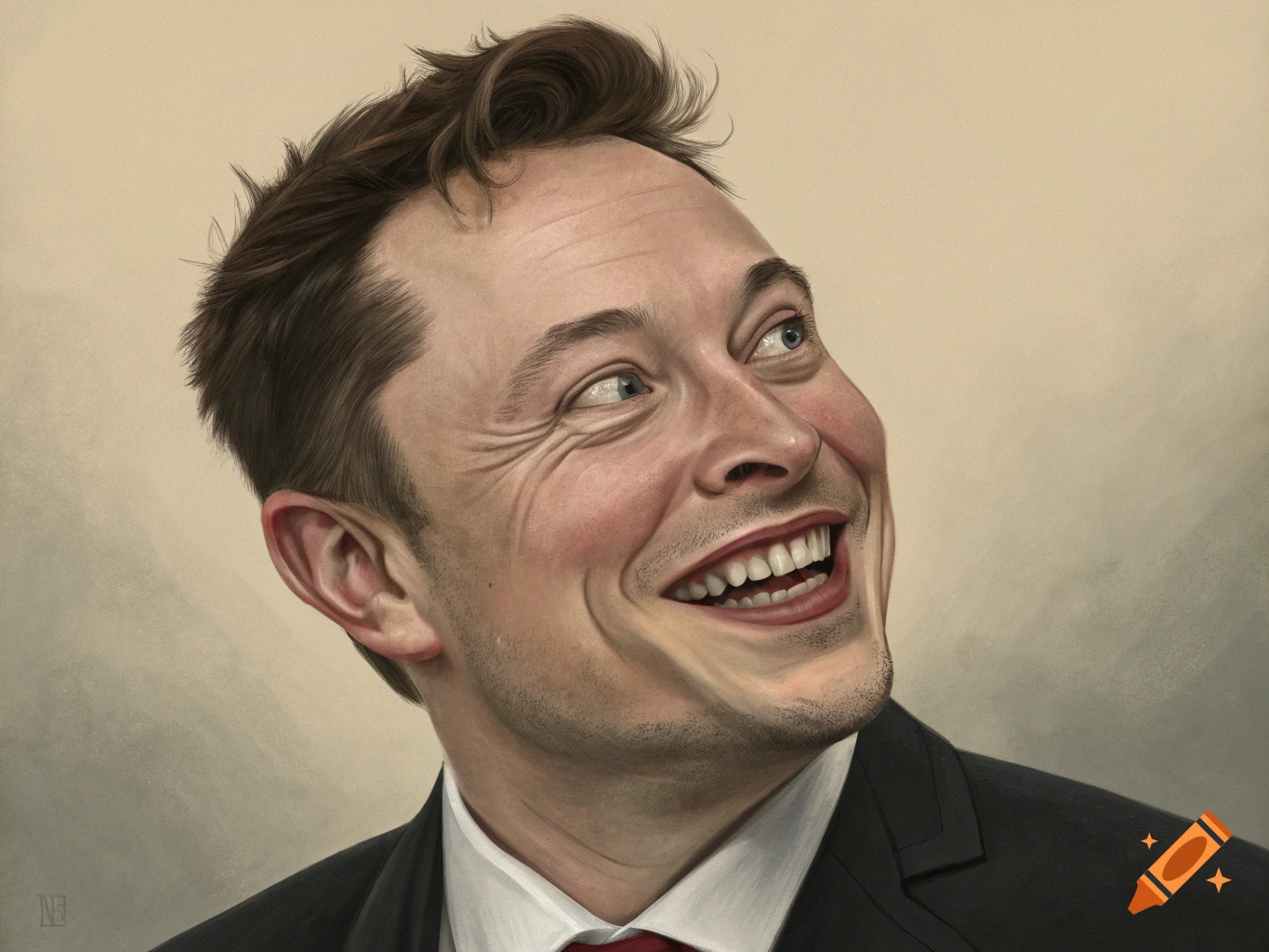 Caricature portrait of Elon Musk smiling and looking up. on Craiyon
