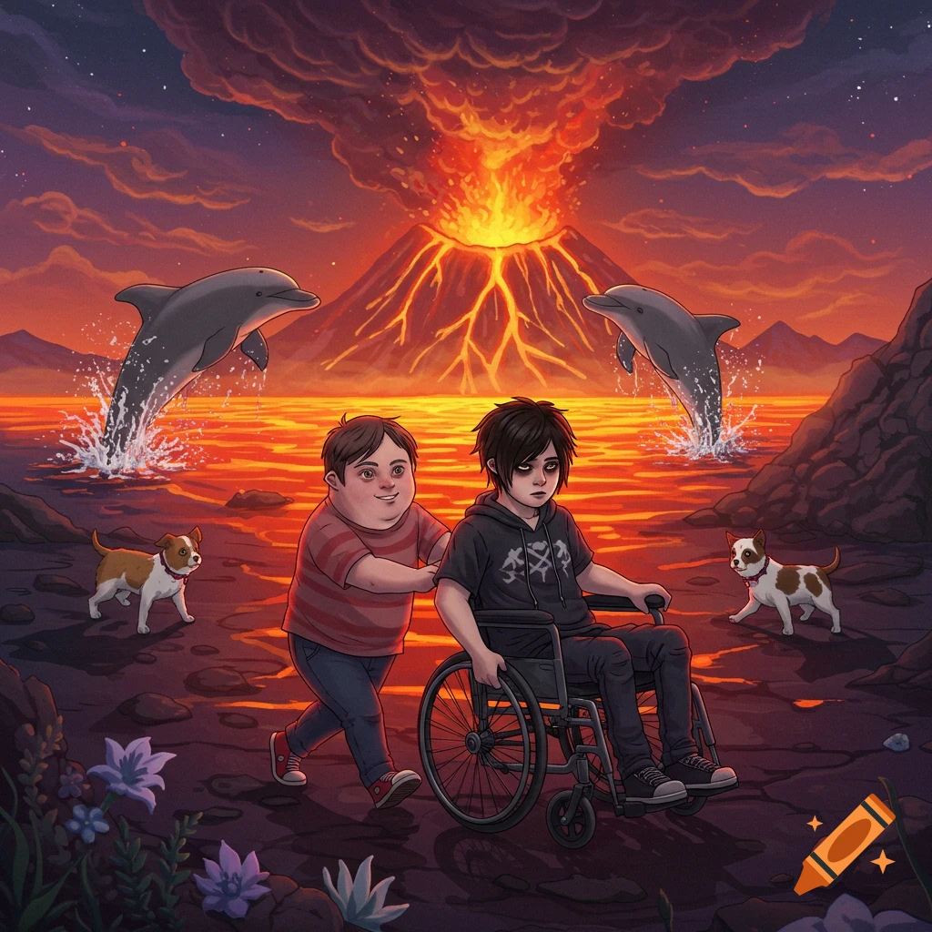 Two boys near erupting volcano with lava, dolphins jumping from water ...