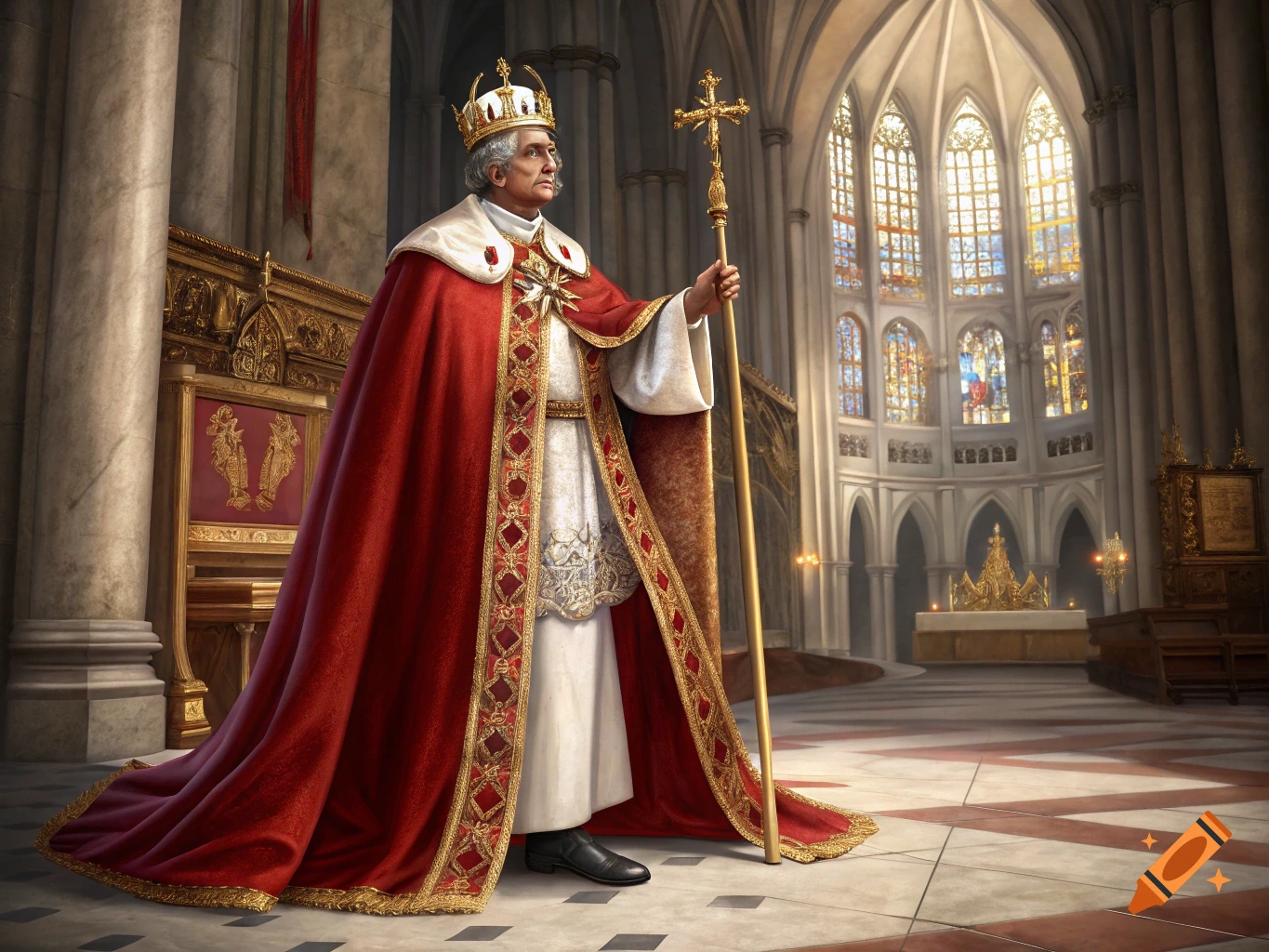 Person in crown and red robe holding a cross-topped staff inside a ...