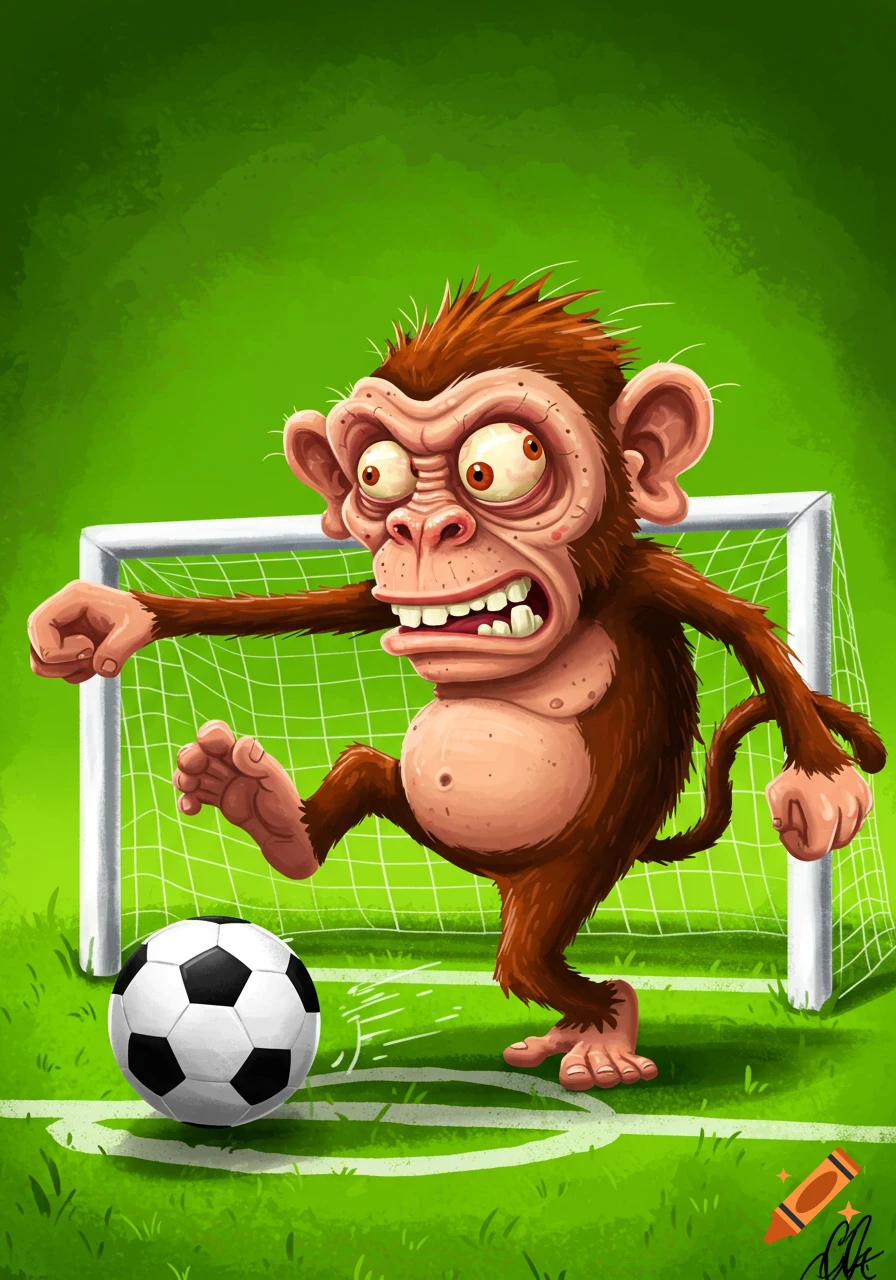 Cartoon illustration of a monkey kicking a soccer ball towards a goal ...