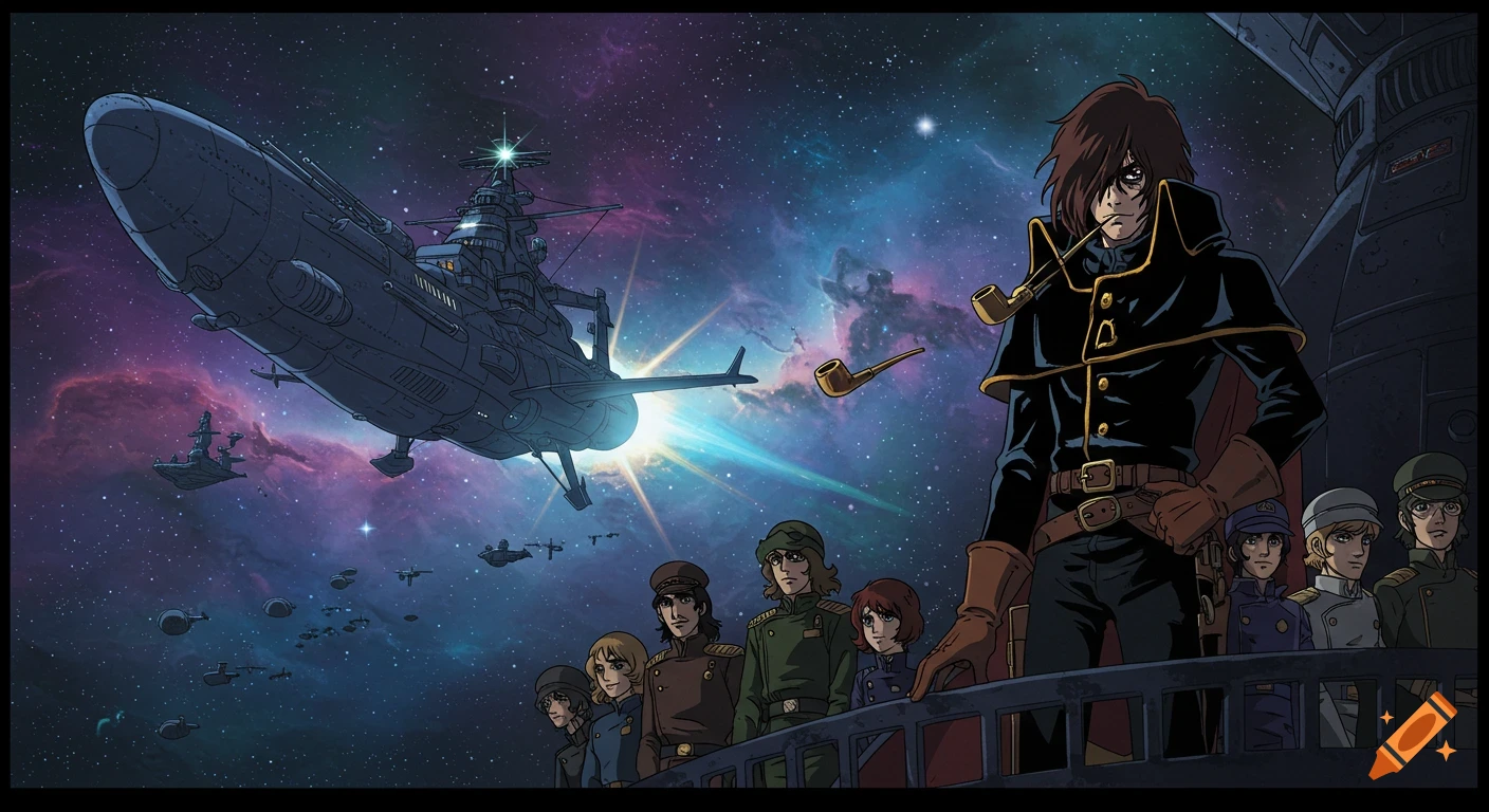 Captain Harlock and crew on ship deck in space with the Arcadia ...