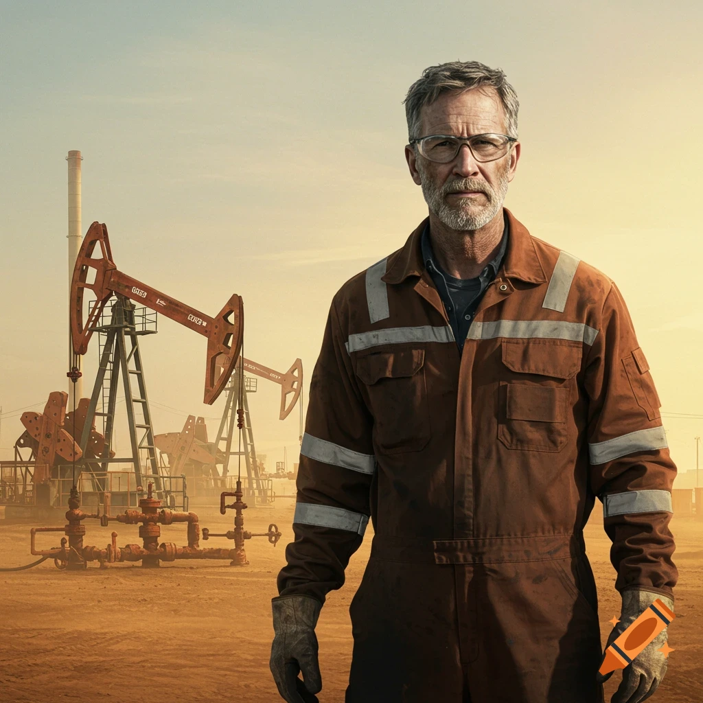 A man in a work uniform stands in an oil field with pumpjacks in the ...