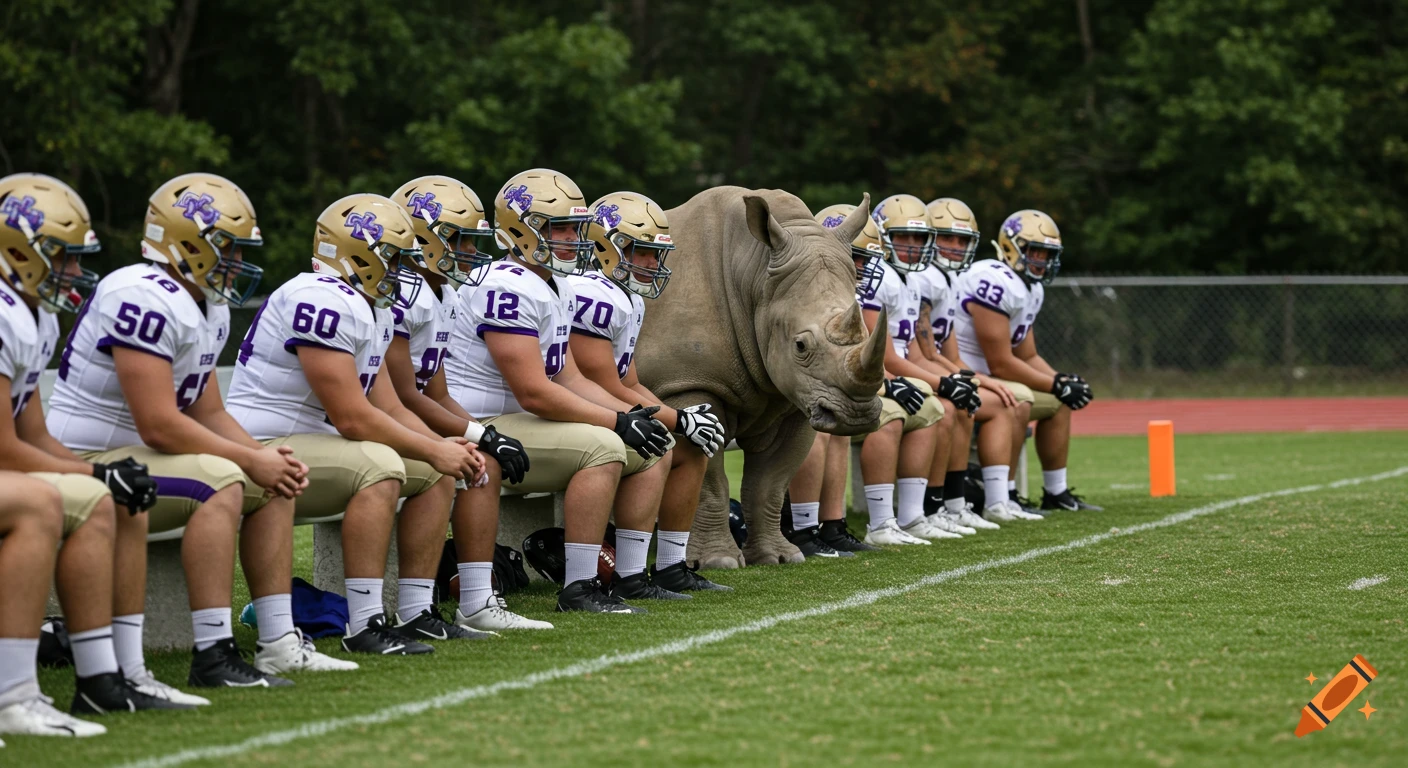 Football players and a rhino sit on the sideline bench during a game ...