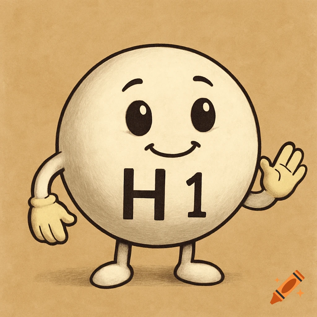 Cartoon hydrogen atom character with a face, hands, and feet, with 'H 1 ...