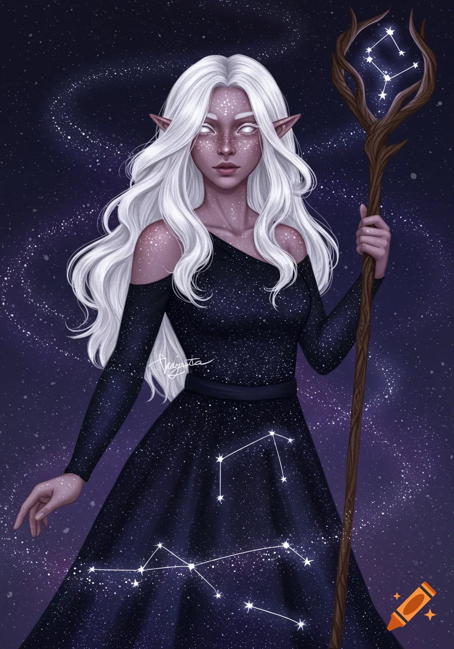 An illustration of a white-haired fantasy woman in a starry dress ...