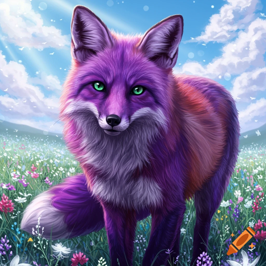 Purple fox with green eyes standing in a field of wildflowers under a ...
