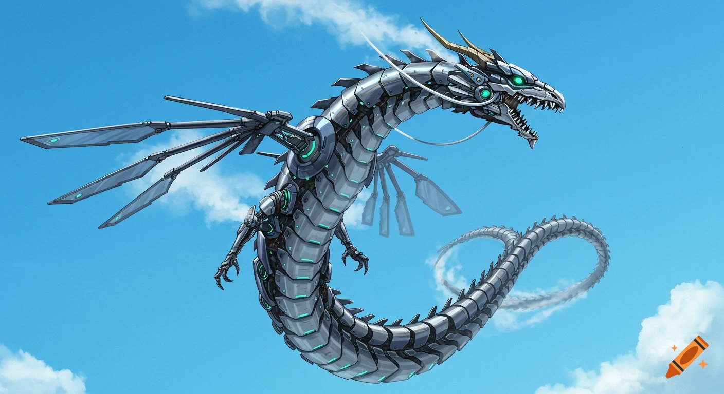 A detailed robotic dragon flies in a blue sky with clouds. on Craiyon