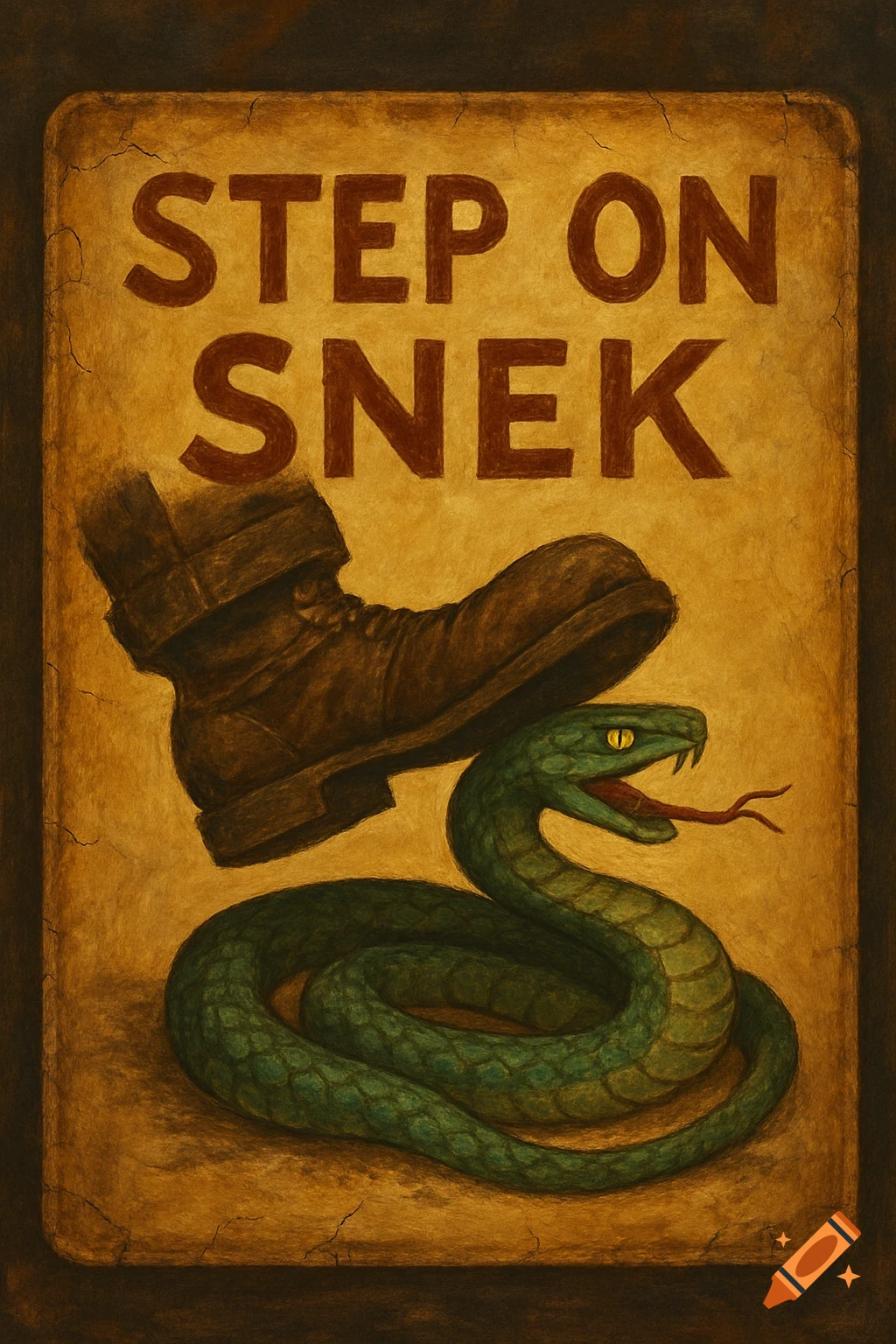 Rustic illustration of a sign saying "STEP ON SNEK" with a boot ...