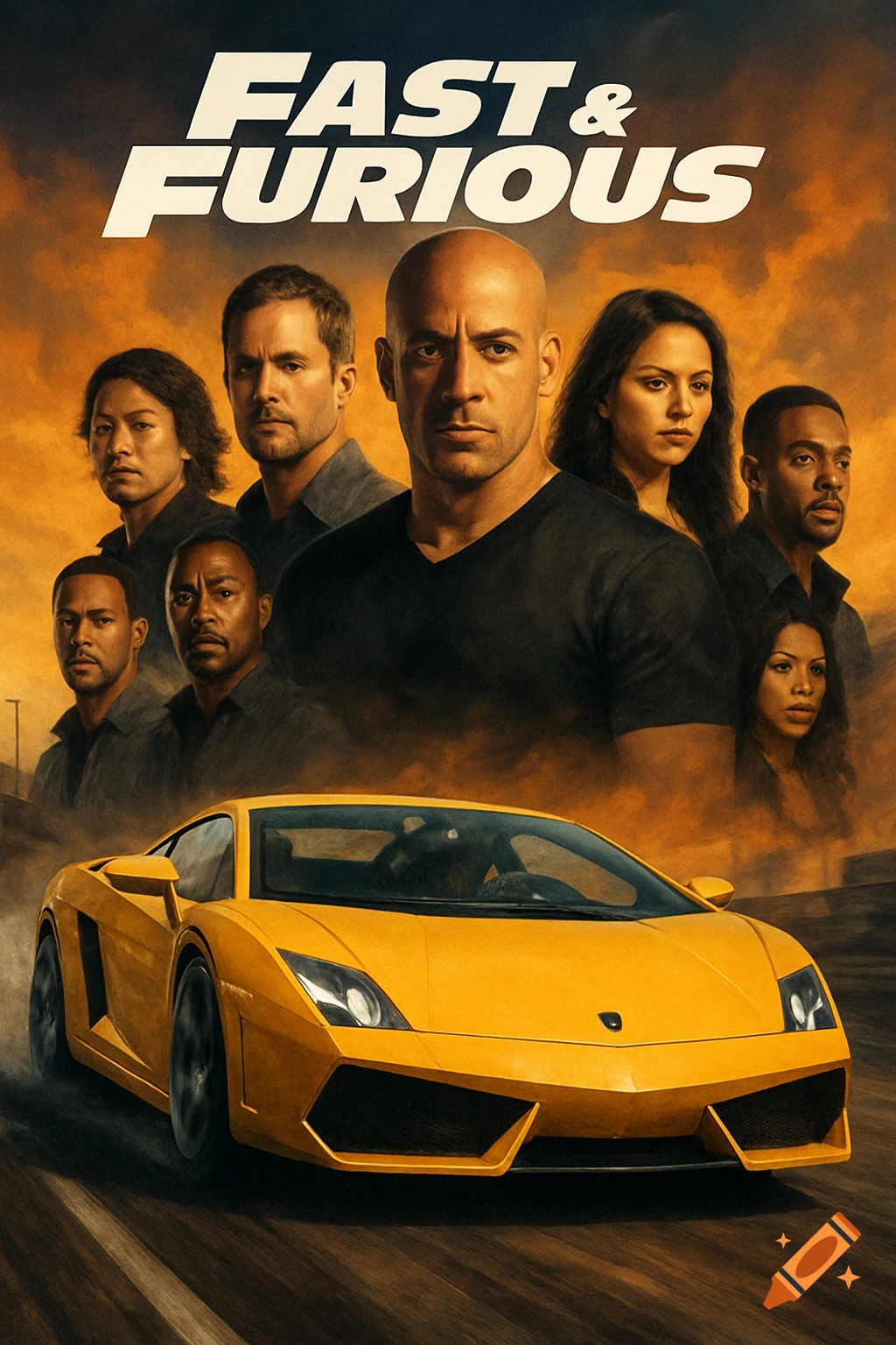 Movie poster with Fast & Furious characters and a yellow Lamborghini ...