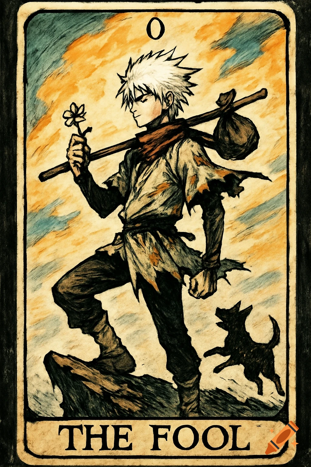 An anime-style illustration of The Fool tarot card, showing a character ...