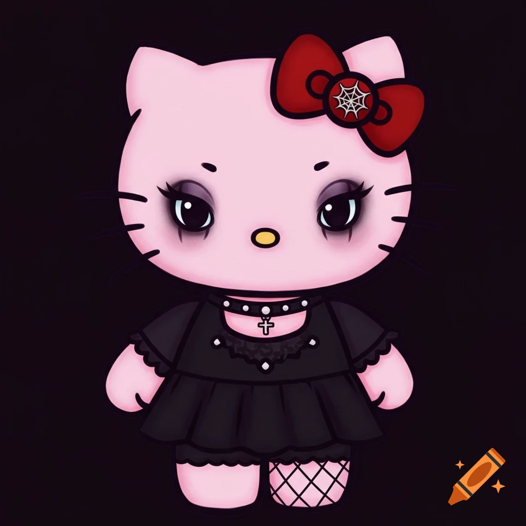A pink cartoon cat in a black goth dress with fishnet stockings and a ...