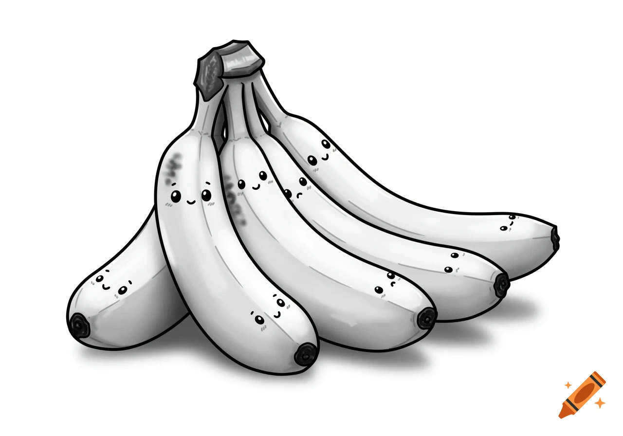 A grayscale cartoon drawing of a bunch of bananas with smiling faces ...