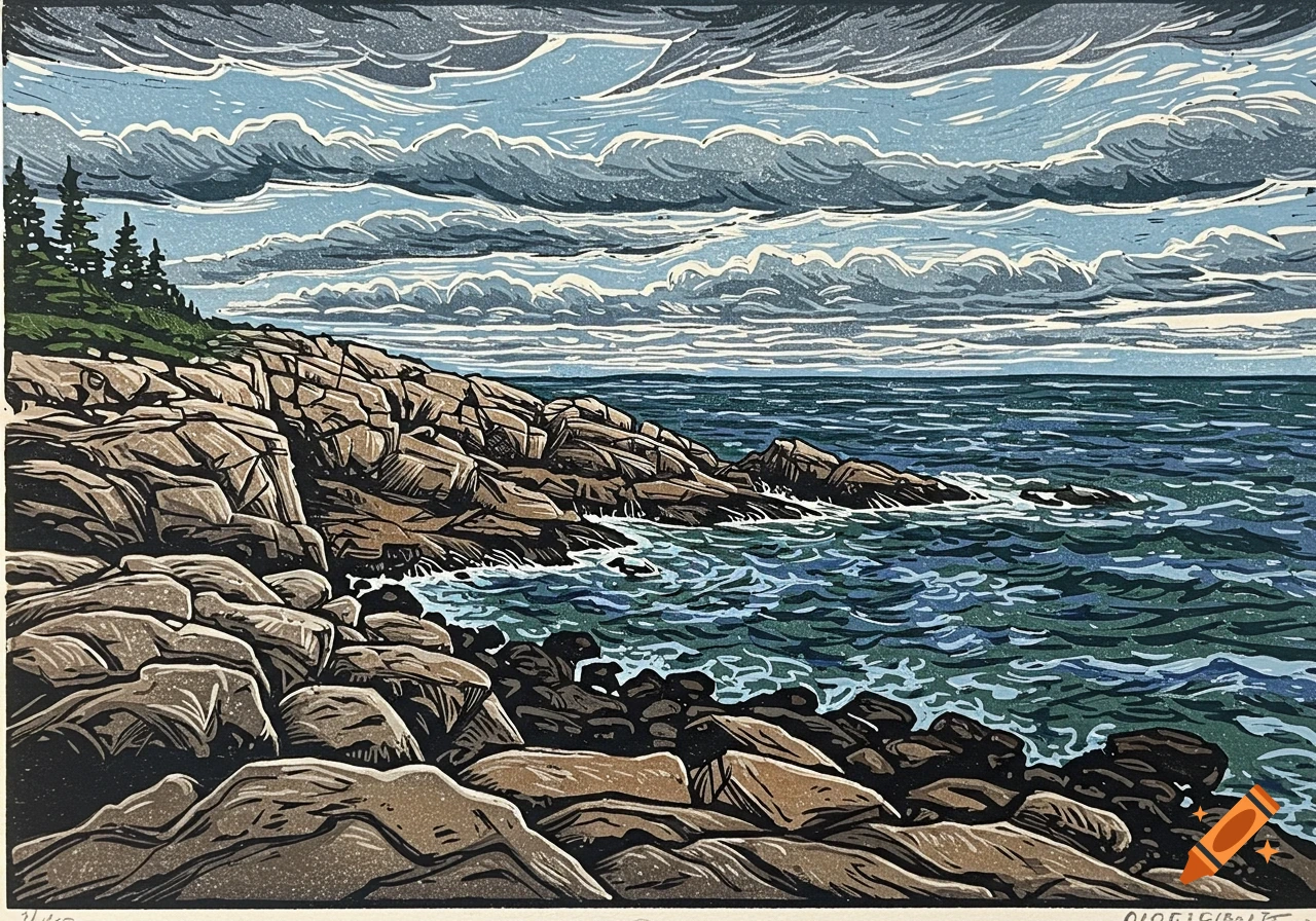 Linocut print of a rocky coastline with waves crashing and stormy ...