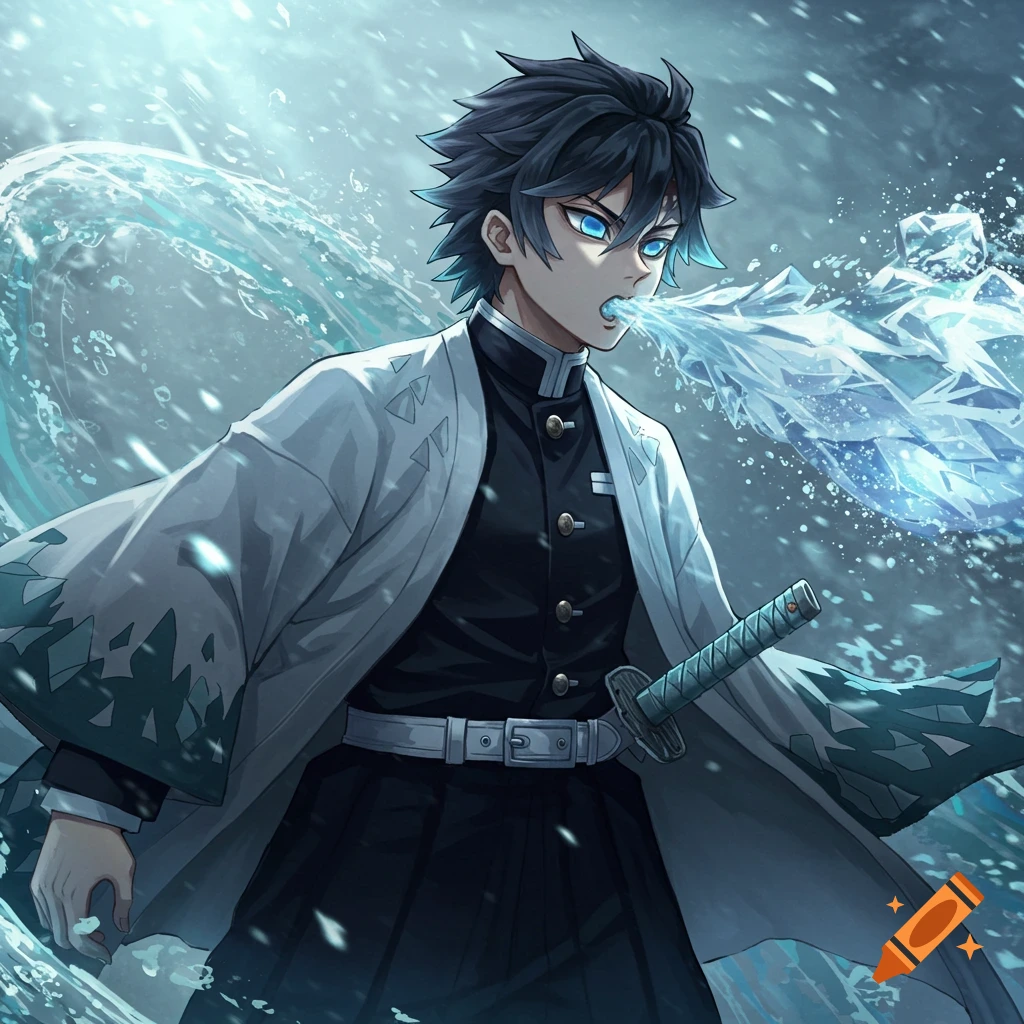 Anime character with blue eyes using ice powers in a snowy environment ...