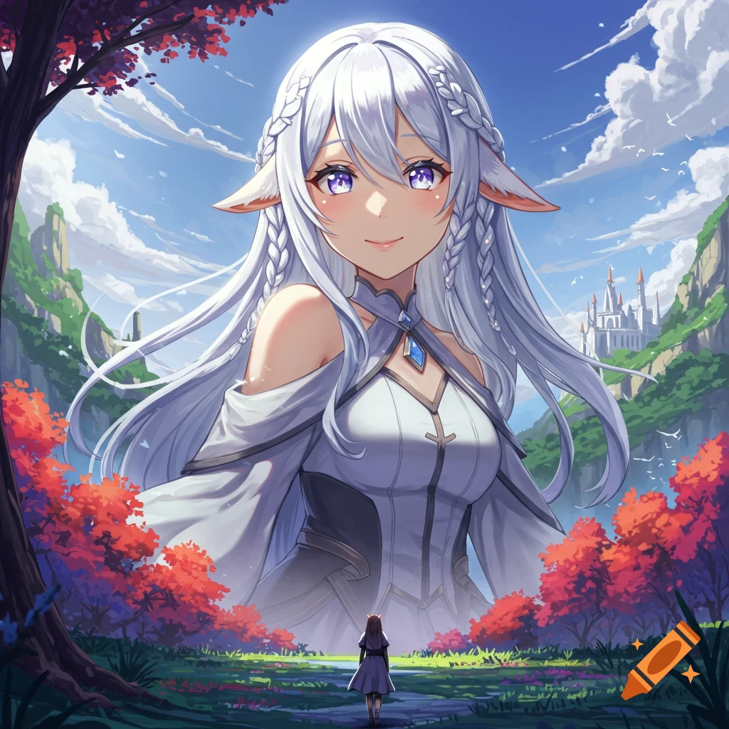 Giant anime woman with white hair looks down at a small figure in a ...