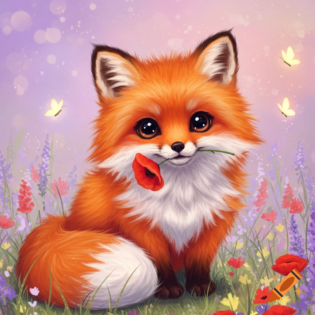 Cute fluffy fox cub sitting among colorful flowers with a red poppy in ...