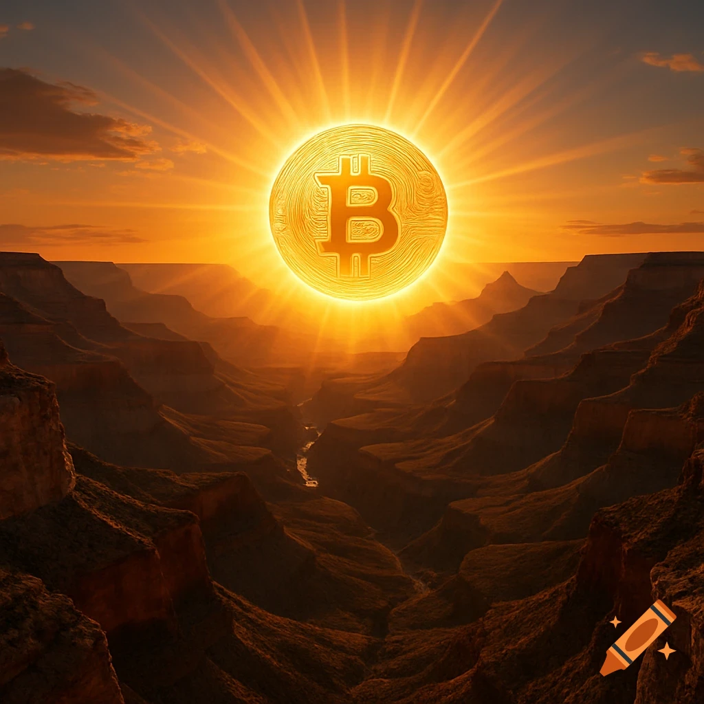 Bitcoin symbol as a sun rising over the Grand Canyon. on Craiyon