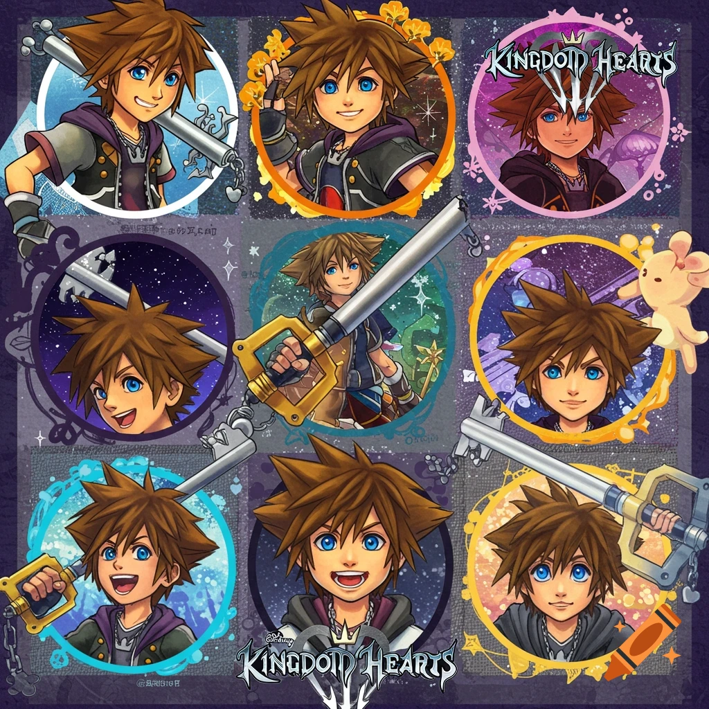 Multiple cartoon icons of Sora from Kingdom Hearts holding a Keyblade ...