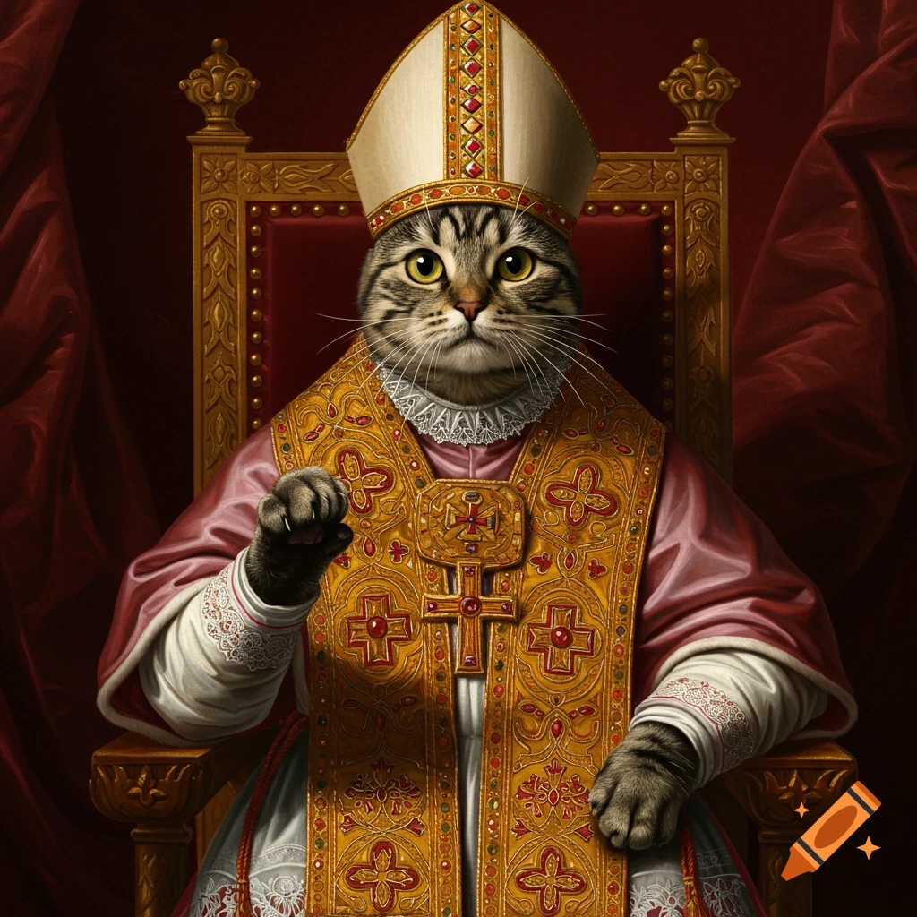 A tabby cat dressed in elaborate papal robes sits on a red and gold ...