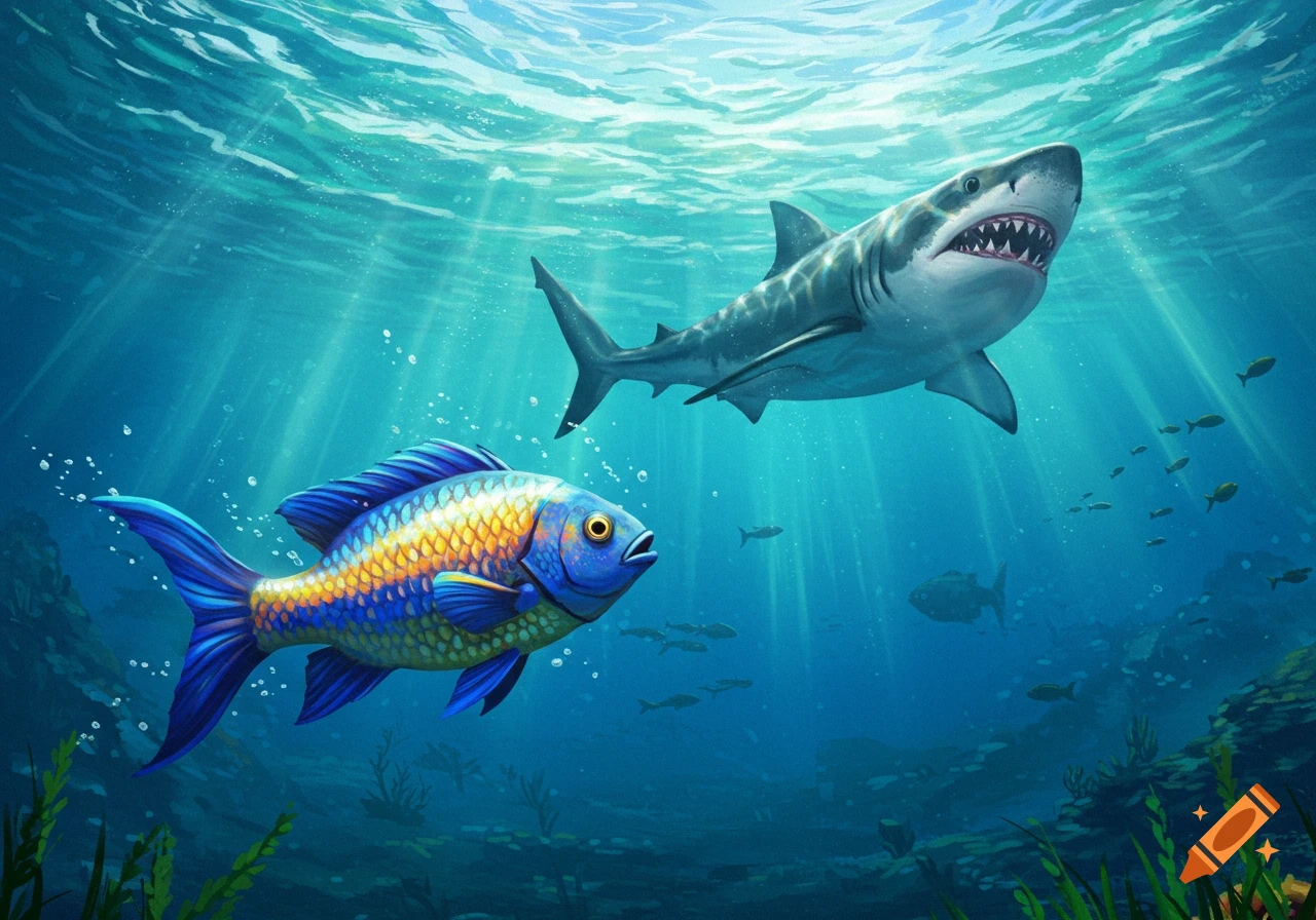 A colorful fish faces a large shark in sunlit ocean water with coral ...