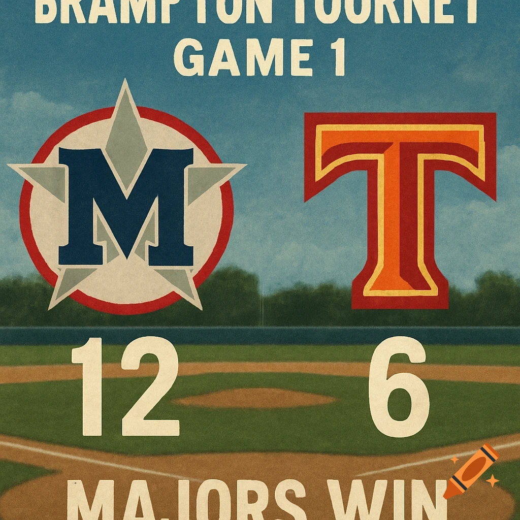 Baseball score graphic with team logos, scores 12 and 6, and 'Majors ...