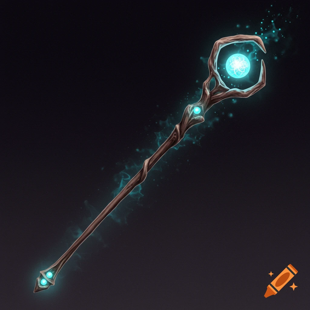 A fantasy staff made of twisted wood, glowing with blue magical energy ...