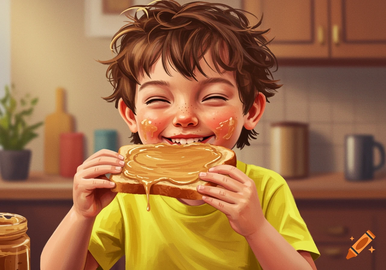 A stylized illustration of a smiling child eating peanut butter on ...
