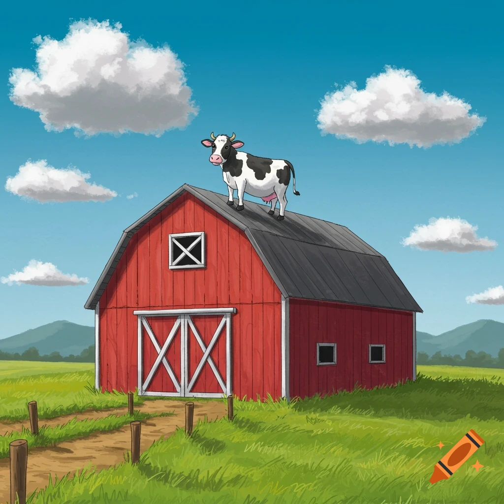 A cartoon cow stands on the roof of a red barn in a green field under a ...