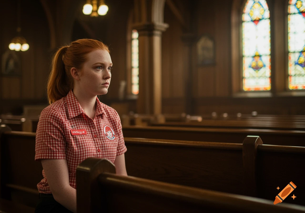A red-haired young woman in a Wendy's uniform sits in a church pew. on ...