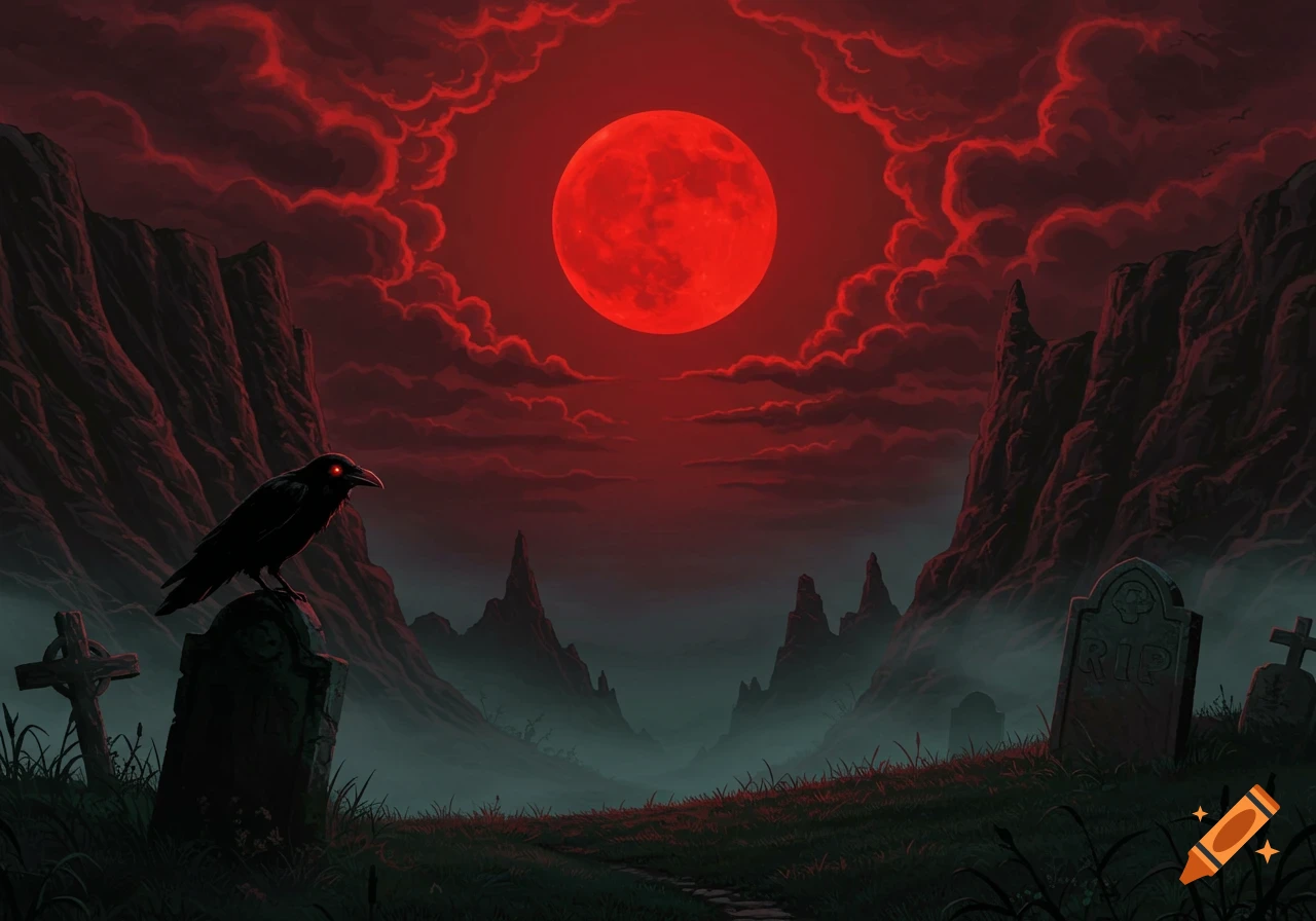 A crow perches on a tombstone in a misty graveyard under a large red ...