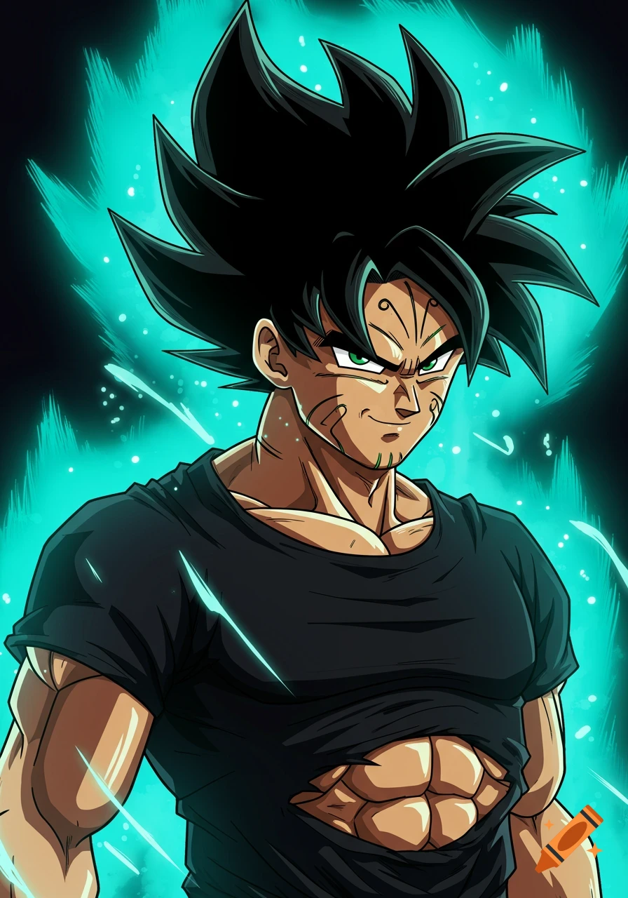 Anime character with ripped shirt, abs, and turquoise aura on Craiyon