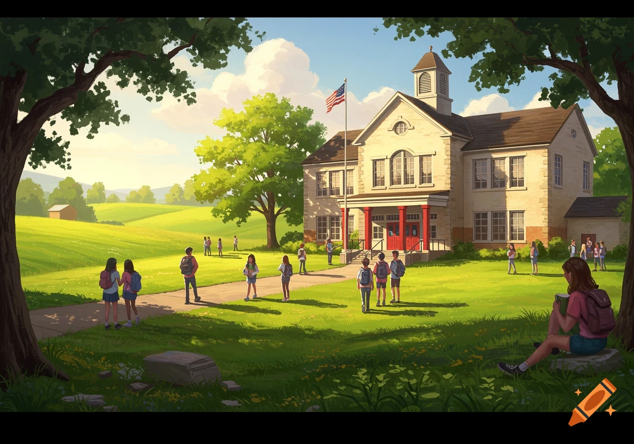 Illustration of students gathering outside a school building in a sunny ...