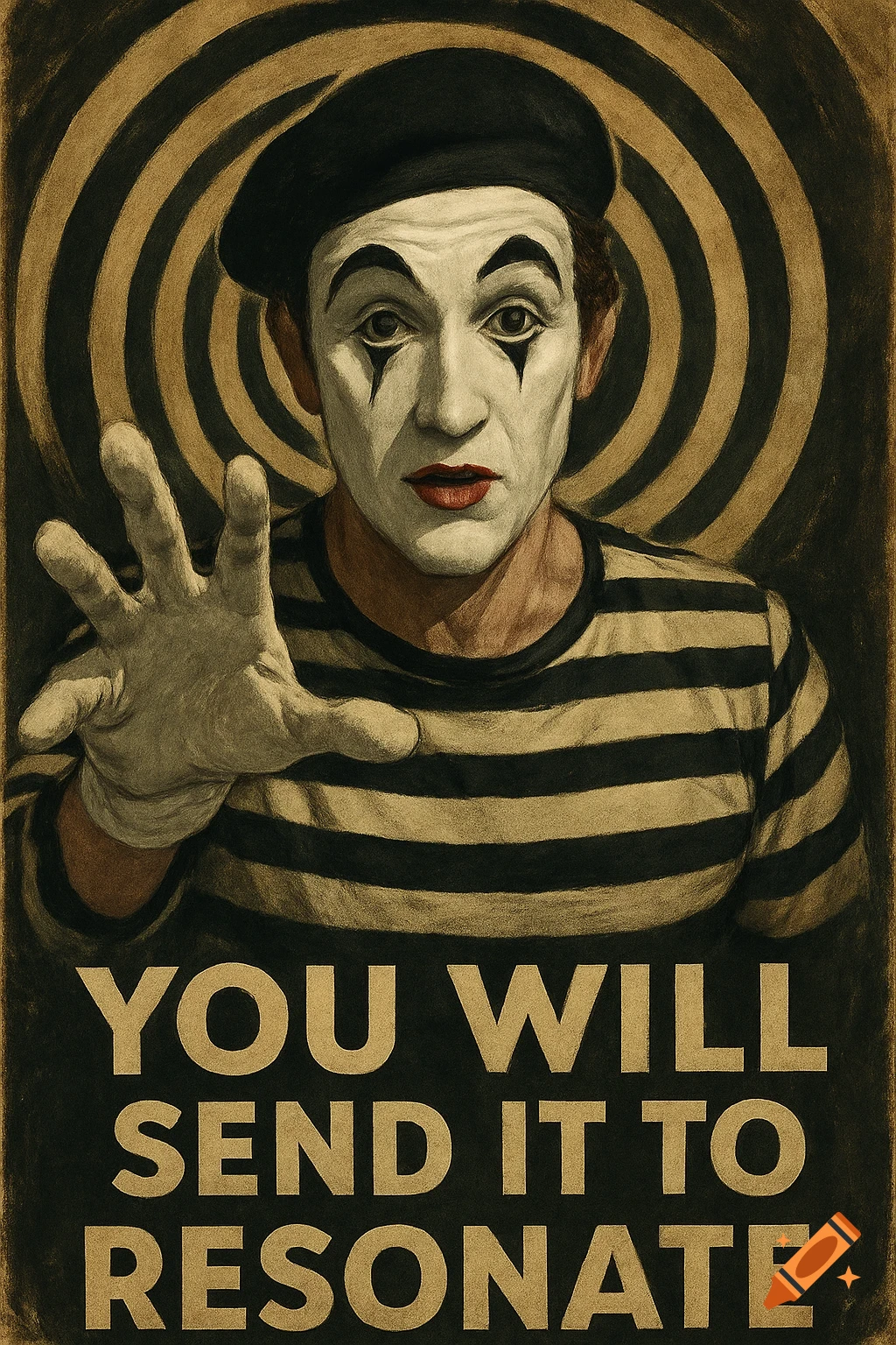 Illustration of a mime reaching out with text YOU WILL SEND IT TO ...