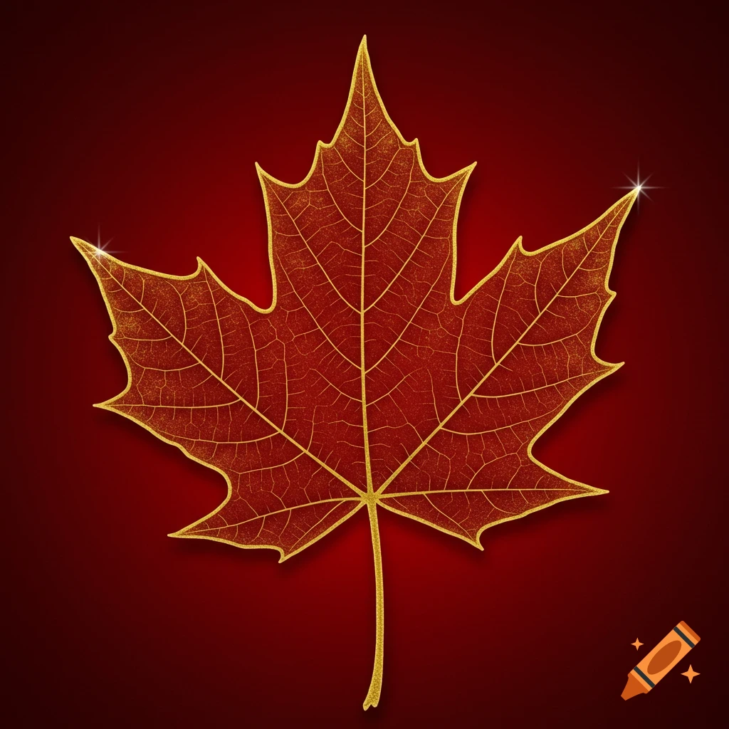 A red maple leaf with a golden outline and veins, centered on a deep ...