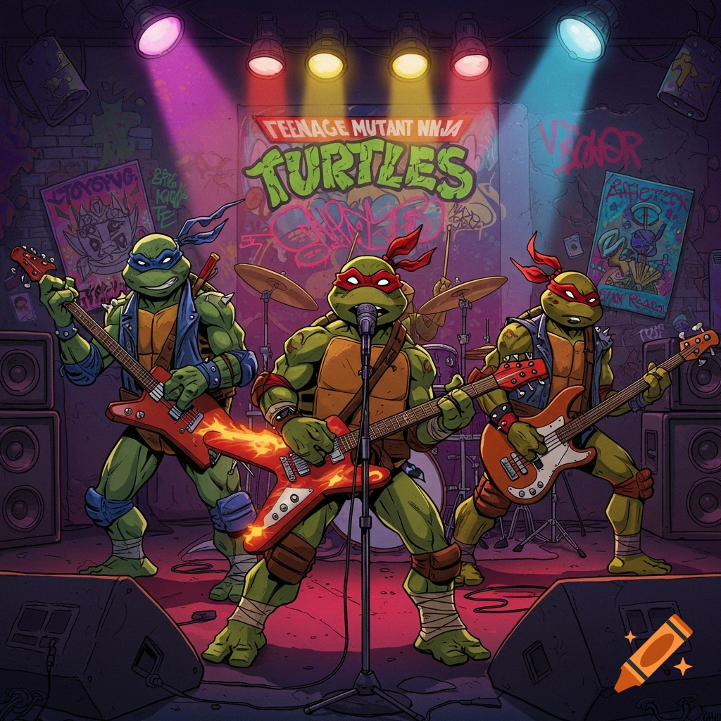 Cartoon Teenage Mutant Ninja Turtles play music on stage on Craiyon